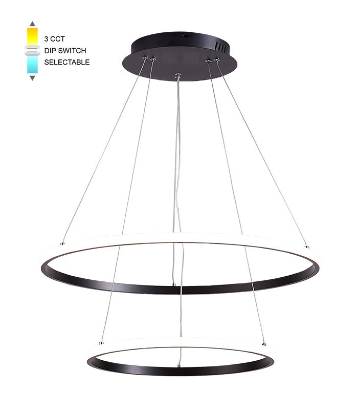 LED PENDANT LIGHTING FIXTURE DUO φ400+600 48W 3xCCT-DIP SWITCH BLACK ...